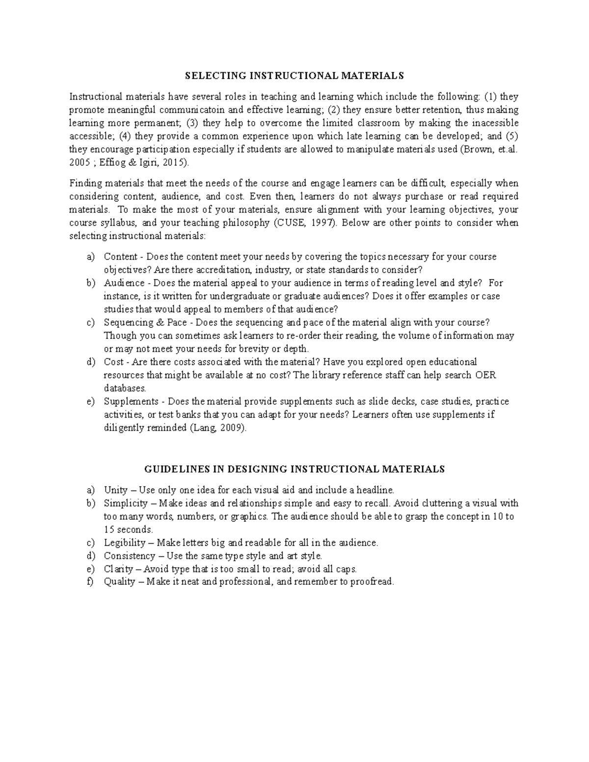 Guidelines for Selecting & Designing Effective Instructional Materials ...