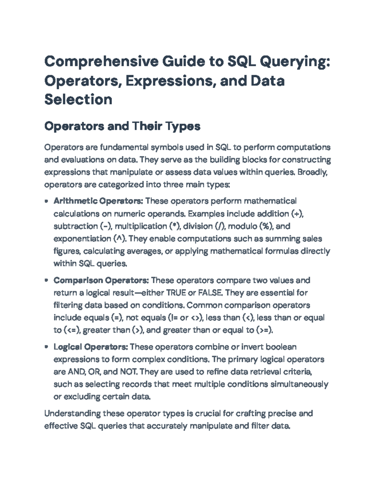 Comprehensive Guide to SQL Operators & Expressions: Types & Usage - Studocu
