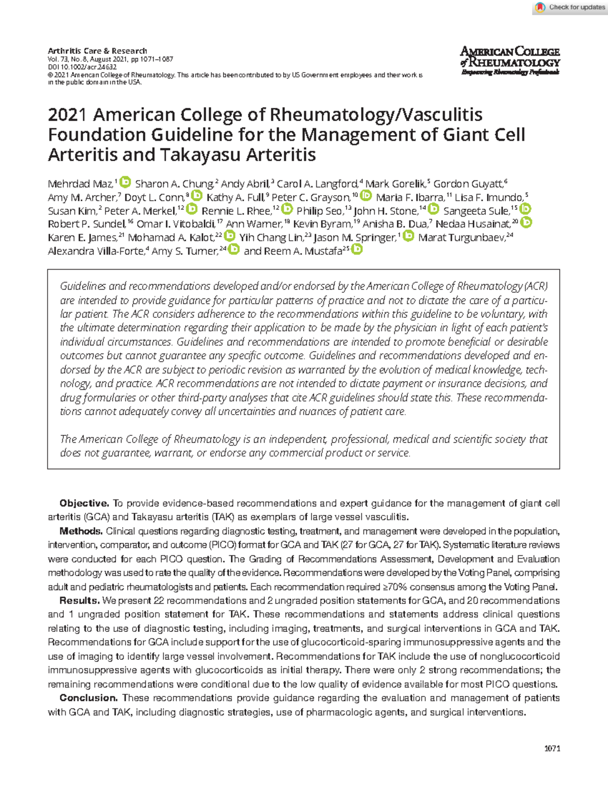 2021 American College Of Rheumatology - Giant cell arteritis (GCA) and ...