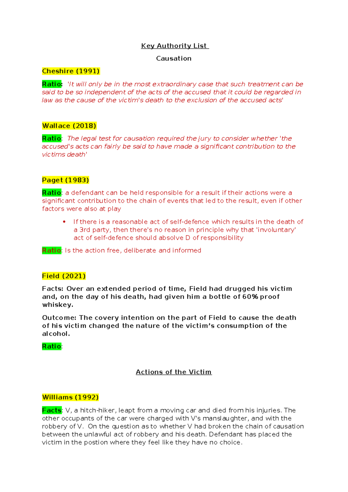Key Authorities on Causation and Intention in Criminal Law (CRIM101 ...