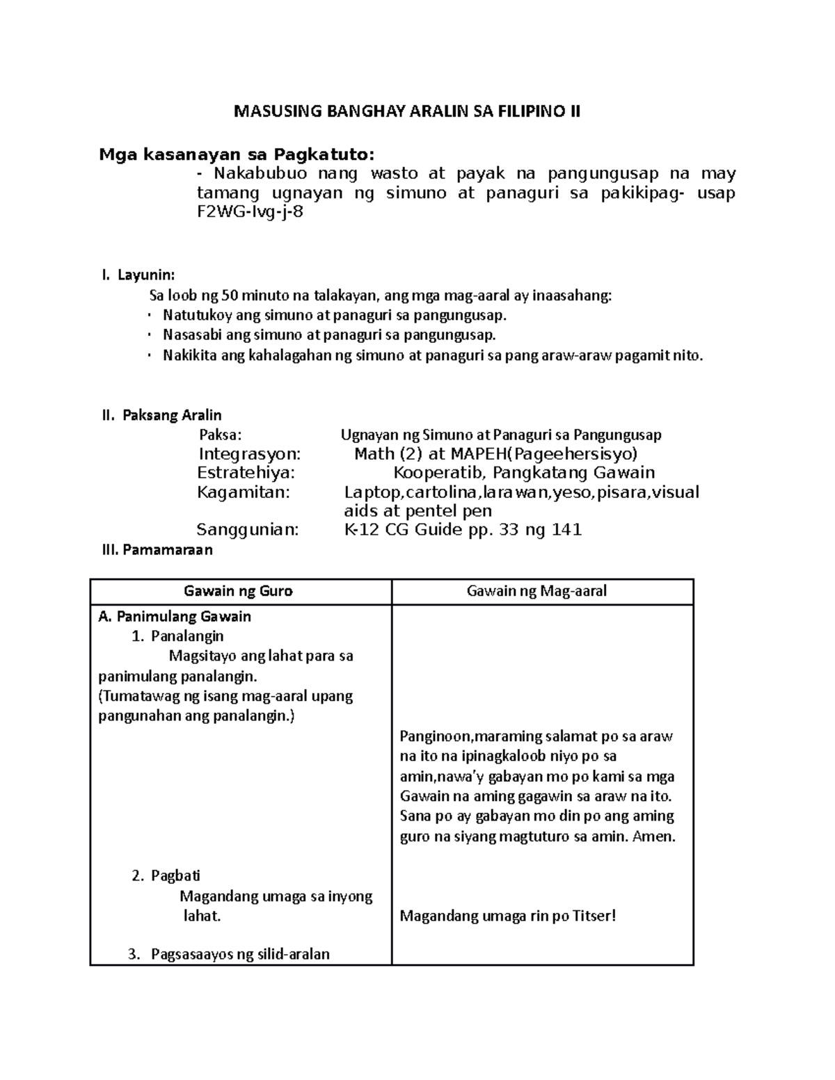 Banghay-Aralin sa Filipino II: Ugnayan ng Simuno at Panaguri - Studocu