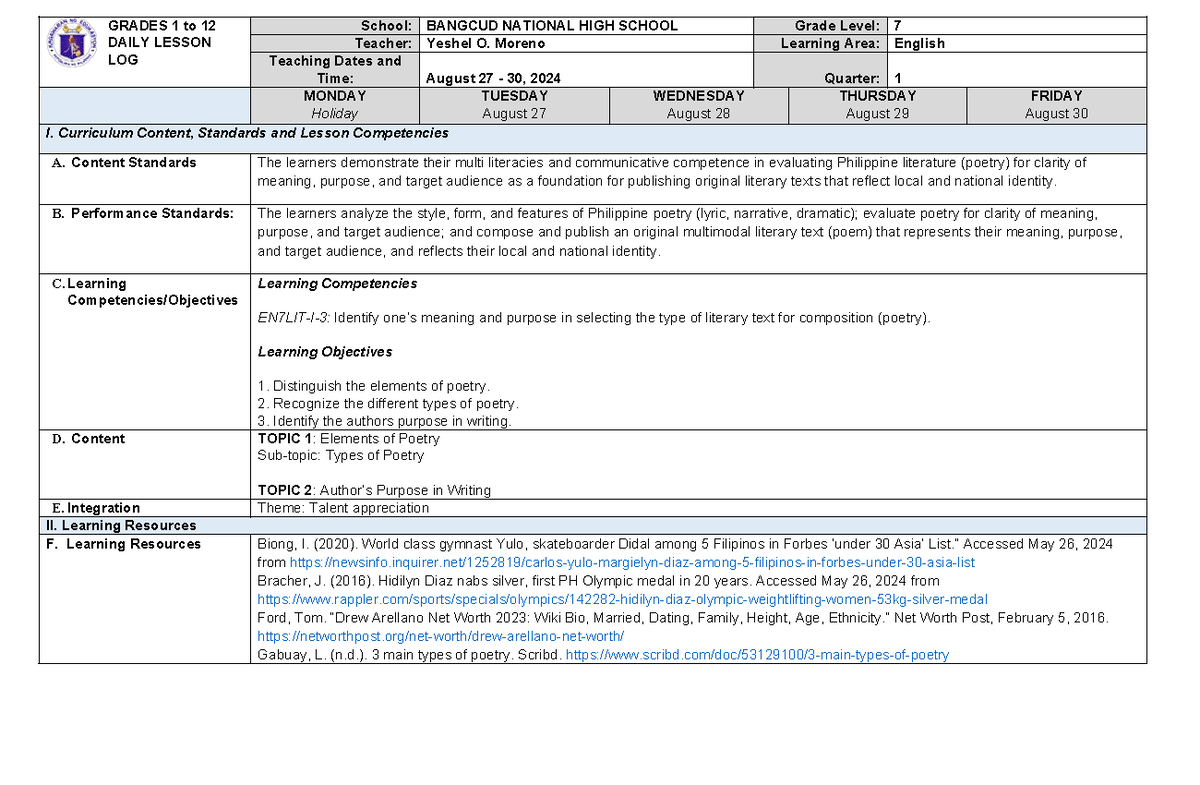 Week 5 - English 7 Lesson Plan: Exploring Poetry's Elements and Purpose ...