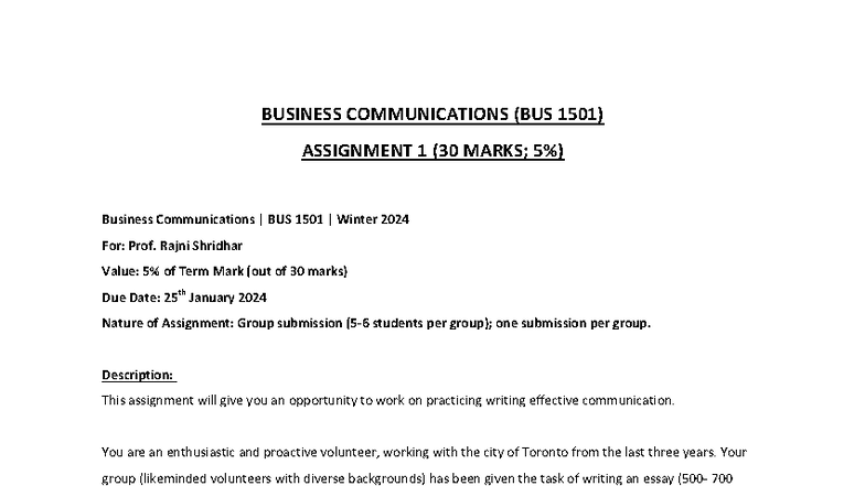 BUS 1501 Assignment 1: Effective Business Communication Essay - Studocu