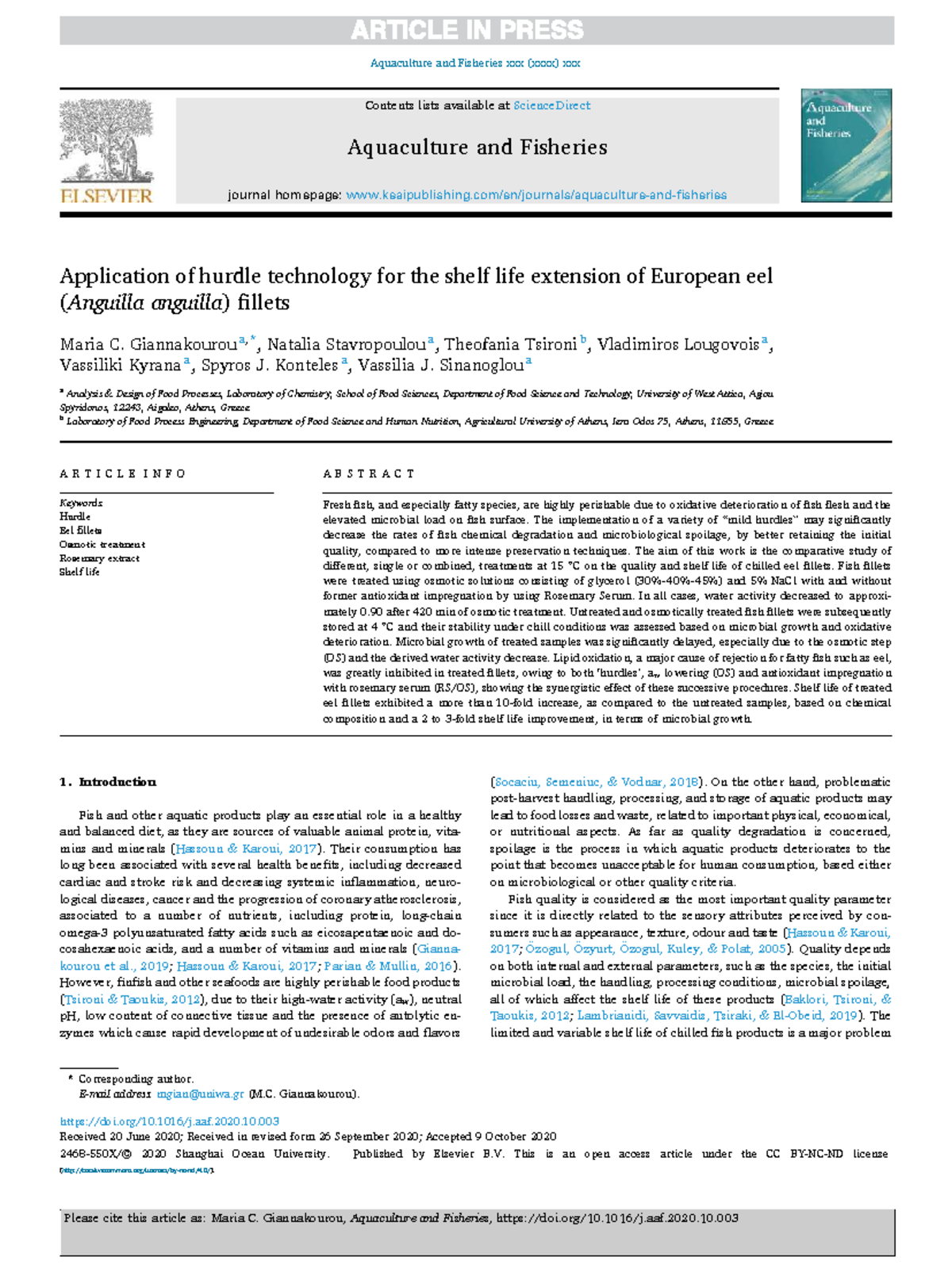 Application of Hurdle Technology for Shelf Life Extension of Eel ...