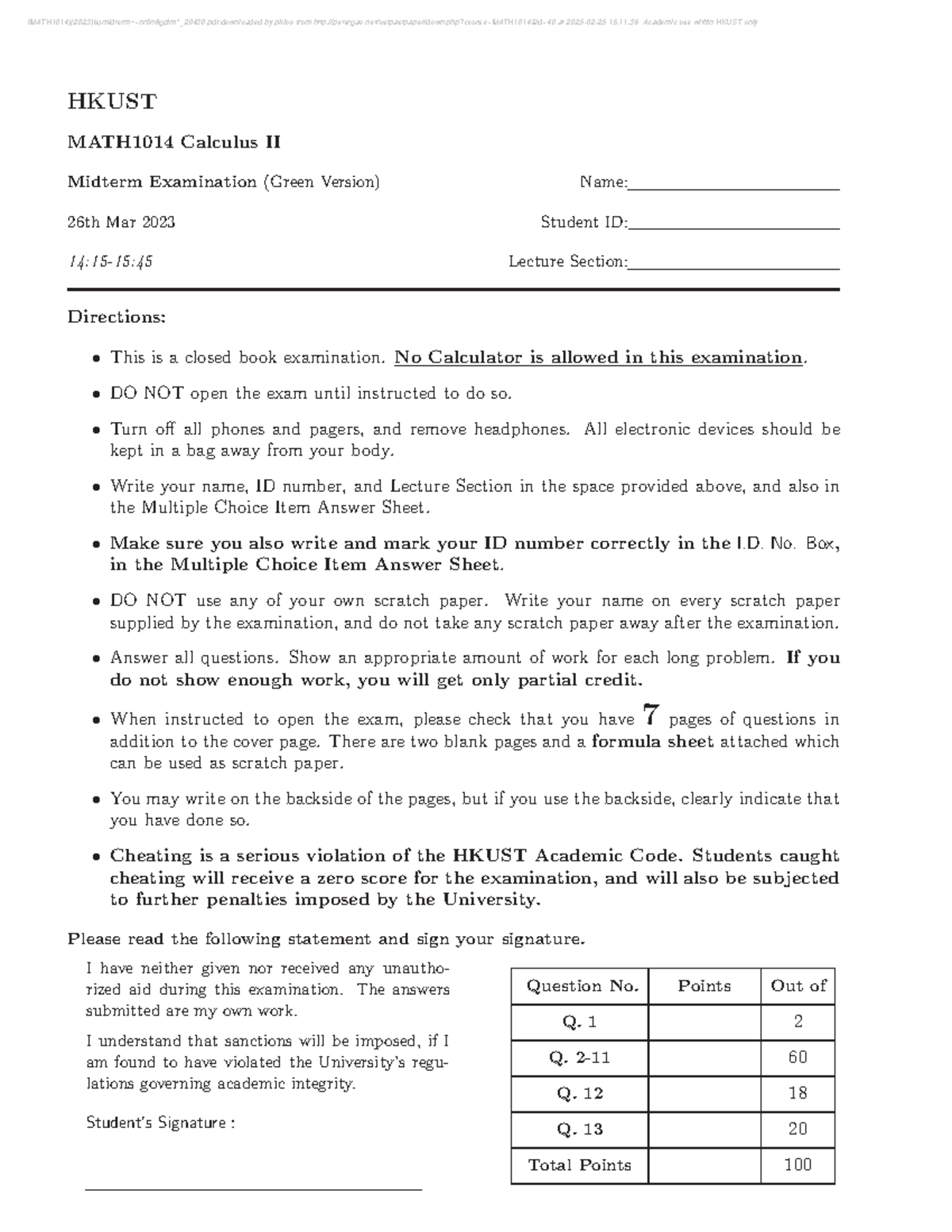 MATH1014 Calculus II Midterm Exam (Green Version) - Past Paper 2023 ...