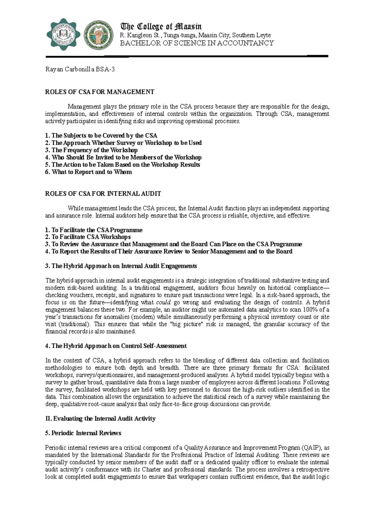 BSAC 101: Roles of CSA in Management and Internal Audit Processes - Studocu