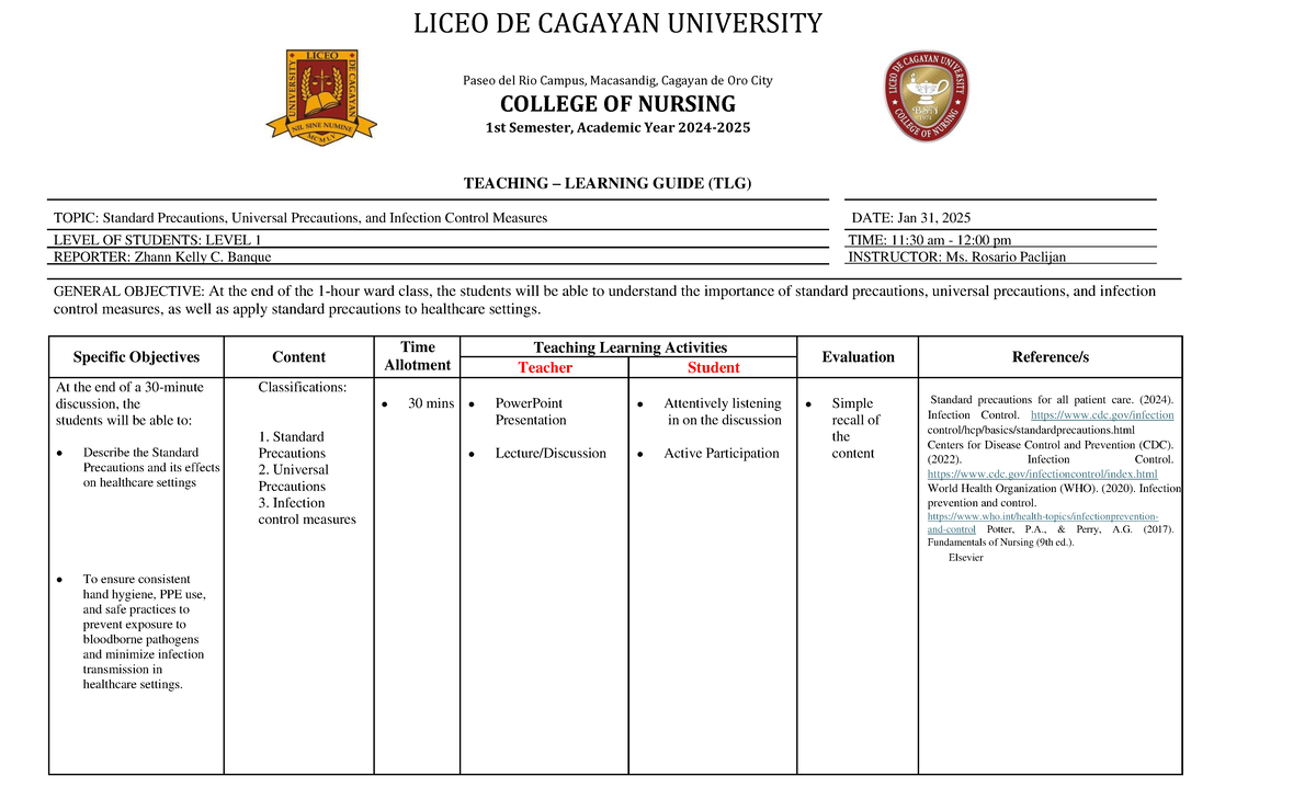 Teaching-Learning Guide on Infection Control for Nursing 1st Sem - Studocu