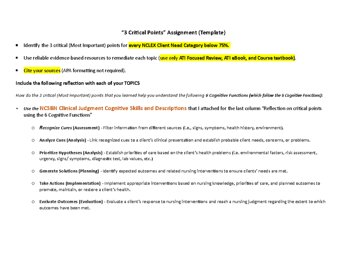 “3 Critical Points” Assignment (Template) - “3 Critical Points” Assignment (Template) Identify ...