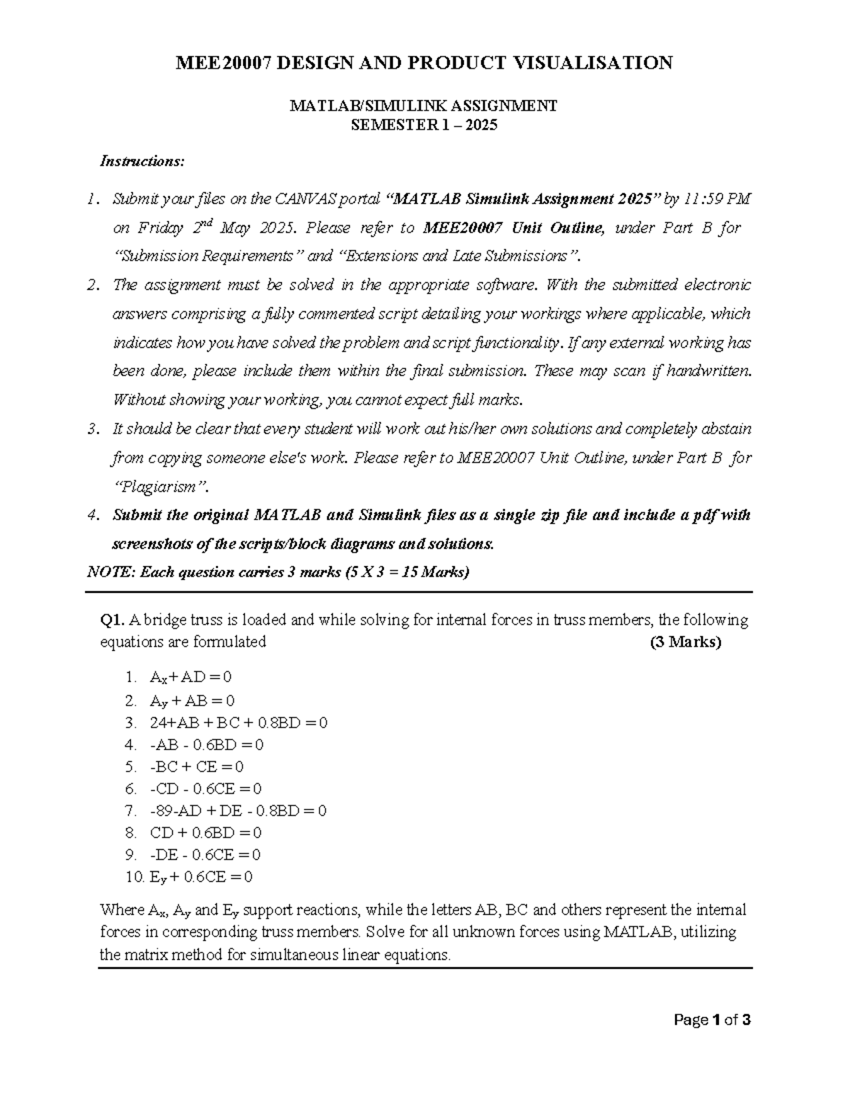MATLAB & Simulink Assignment S1 2025: Design & Visualization - Studocu