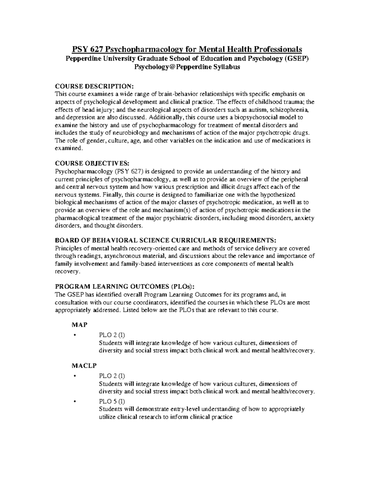 PSY 627 Syllabus - PSY 627 Psychopharmacology for Mental Health ...