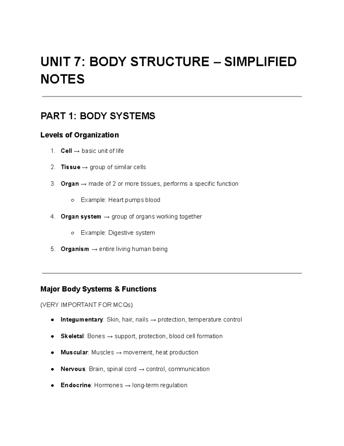 Unit 7: Body Structure Simplified Notes - Body Systems & Terminology ...