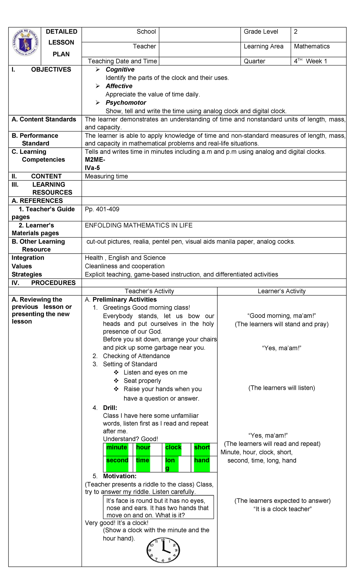 Grade 2 Math Lesson Plan: Understanding Time and Clocks - Studocu