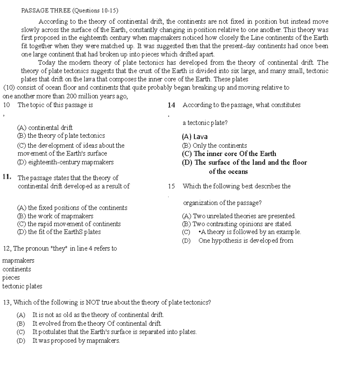 Continental Drift & Plate Tectonics: Passage 3 (Q10-15) Analysis - Studocu