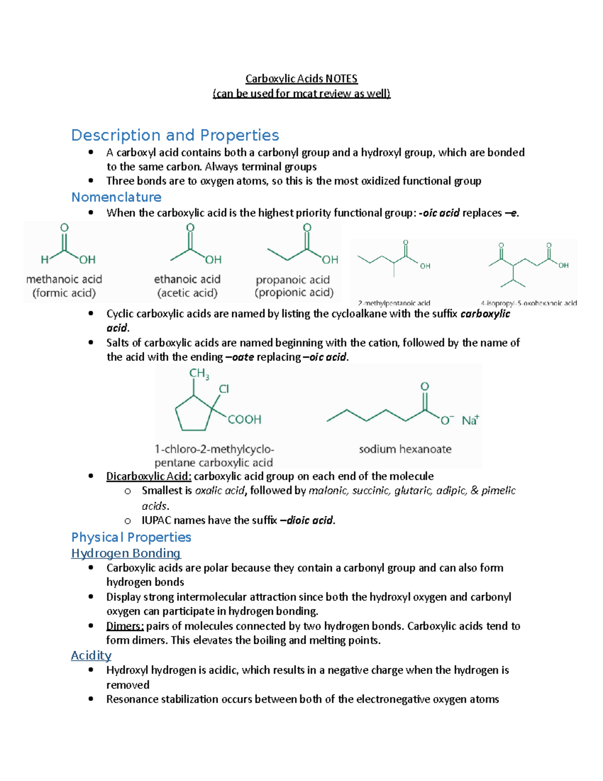 Carboxylic Acids - Detailed Lecture Notes for MCAT Review - Studocu