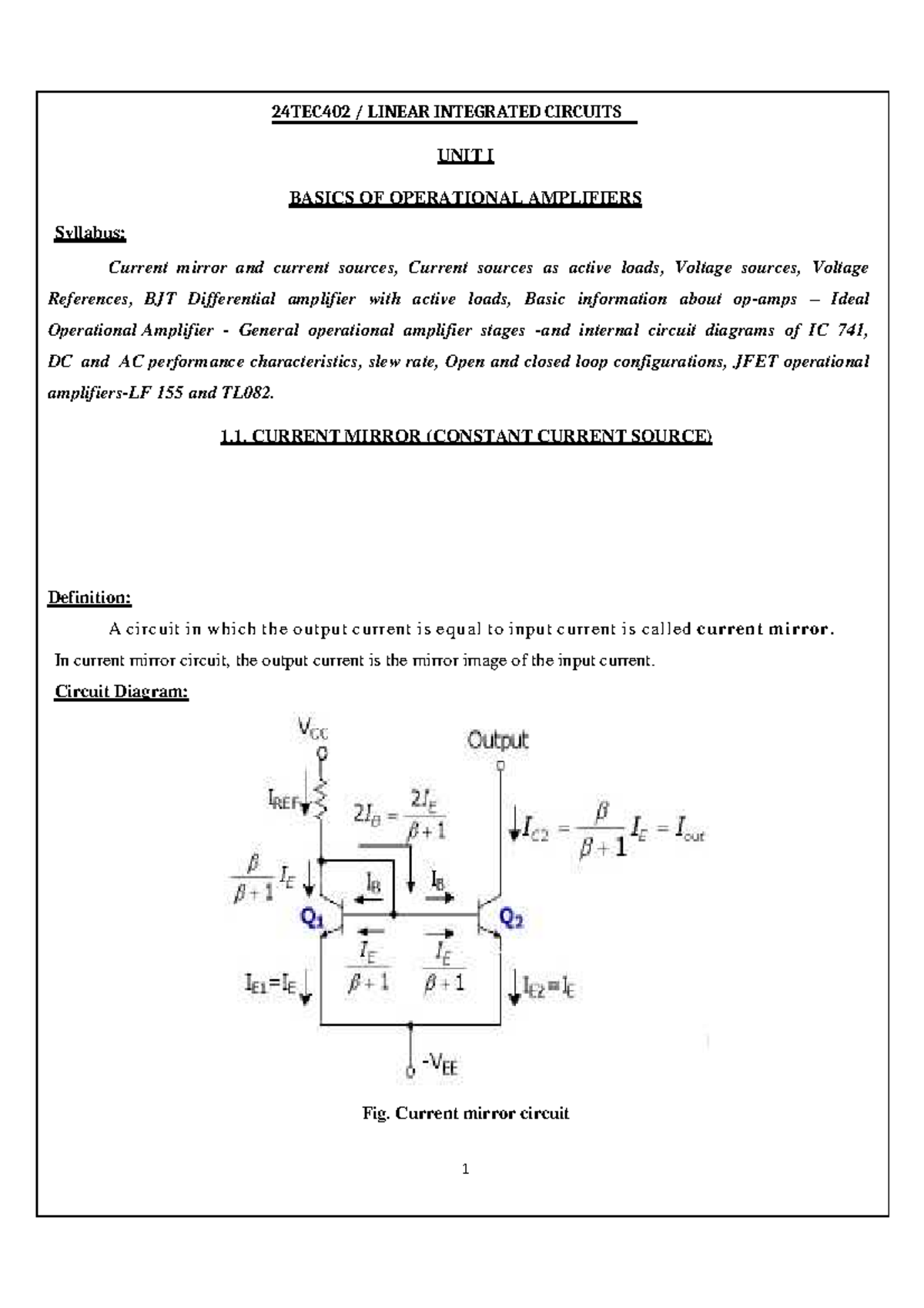 24TEC402 LINEAR INTEGRATED CIRCUITS: UNIT I OPERATIONAL AMPLIFIERS ...