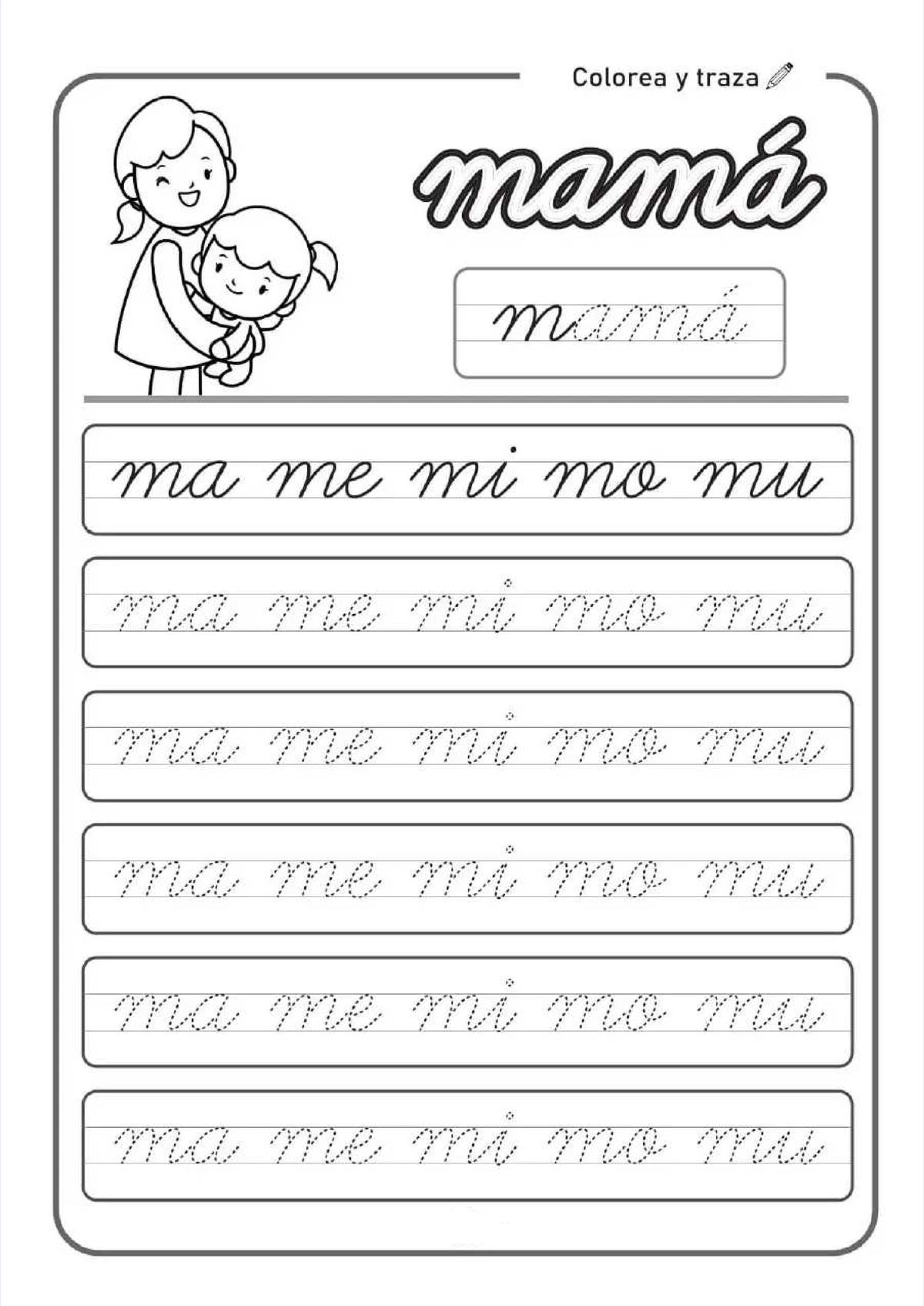 REFORZAMIENTO DE LENGUAJE - Colorea y traza mama mama may ma me mi mo ...
