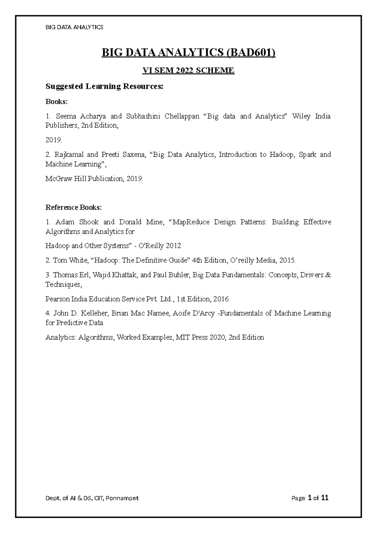 Big Data Analytics - BAD601 - Module 1 Overview and Learning Resources ...