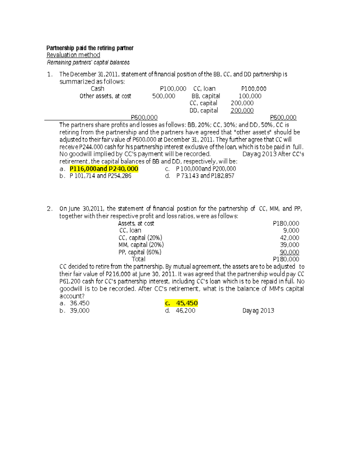 Partnership Liquidation AFAR - Partnership paid the retiring partner Revaluation method ...