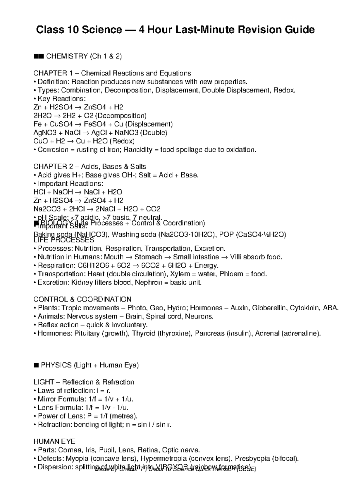 Class 10 Science 4-Hour Revision Guide (CHEMISTRY, BIOLOGY, PHYSICS ...