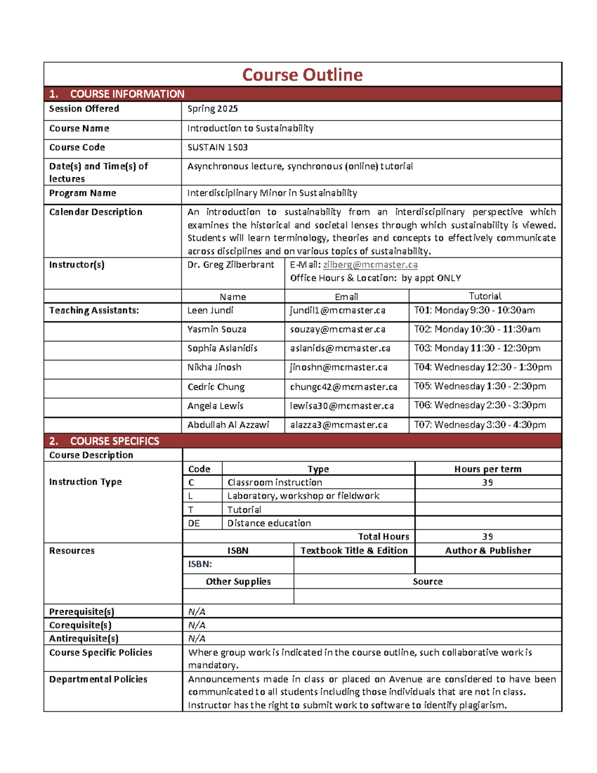 2025 Spring Course Outline for SUSTAIN 1S03: Introduction to ...
