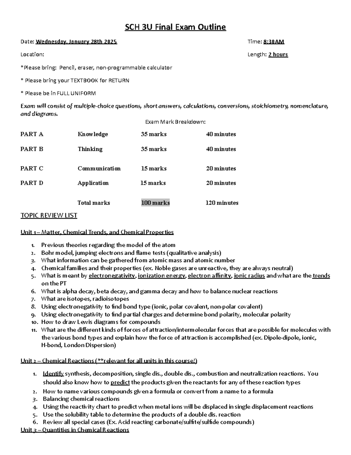 SCH 3U Final Exam Outline & Review Guide for Jan 2026 - Studocu