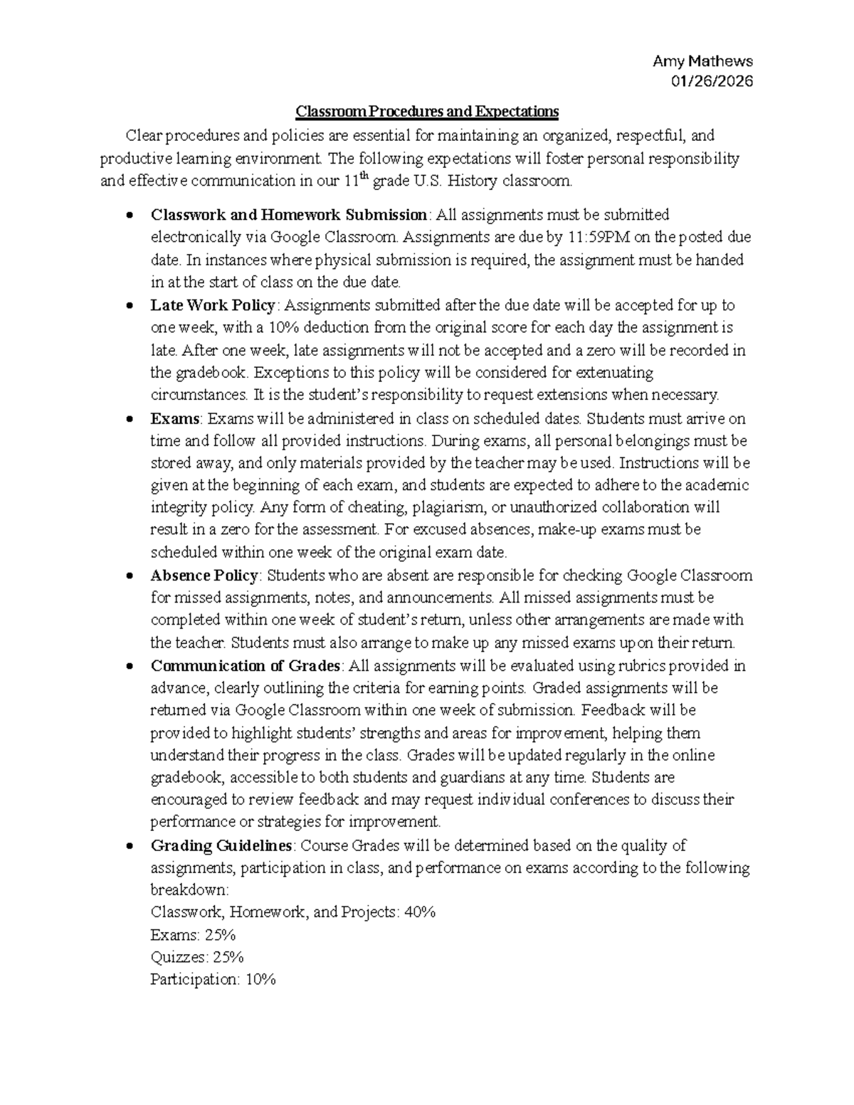 11th Grade U.S. History: Classroom Procedures & Expectations - Studocu