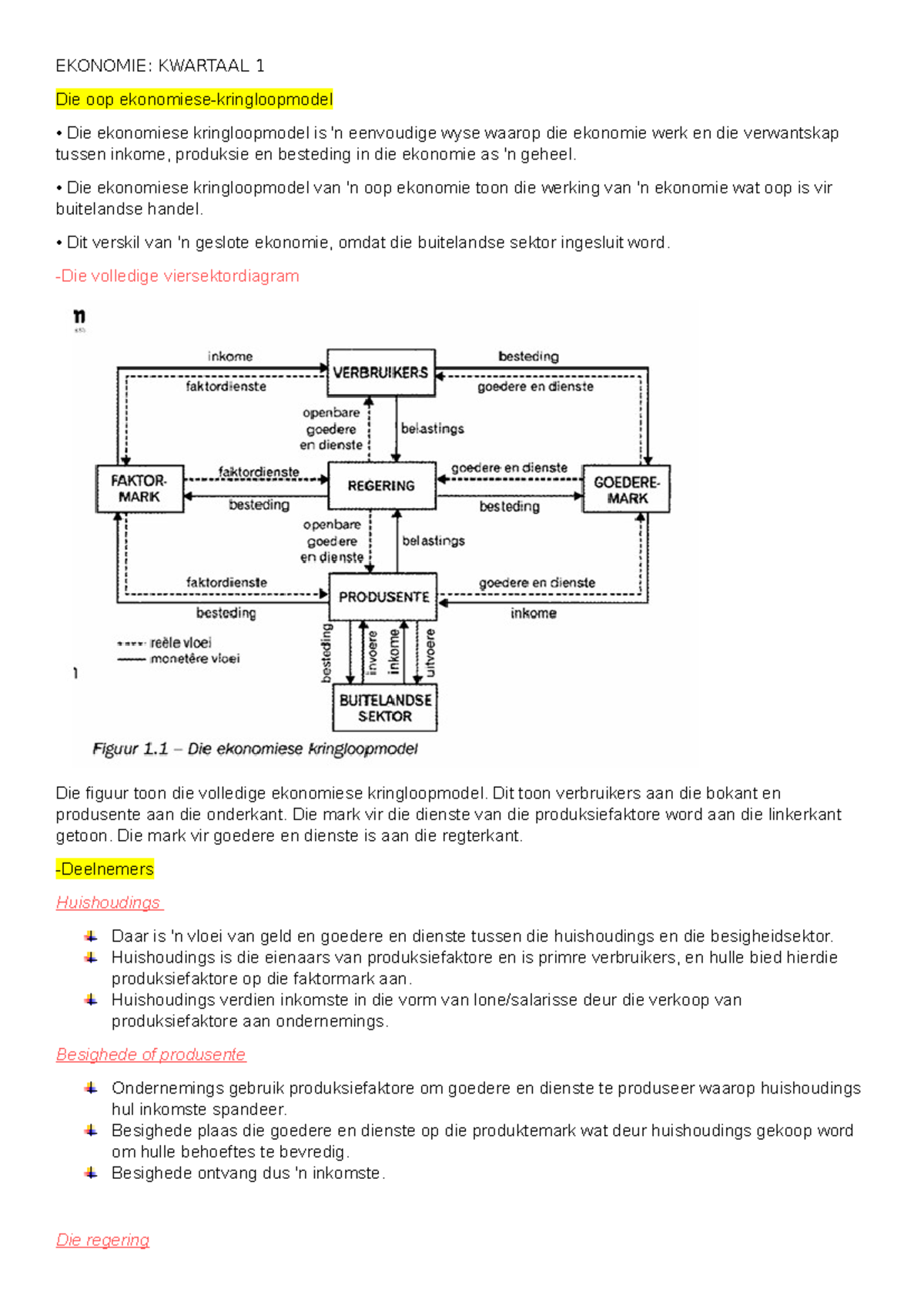 Ekonomies Graad 12 - KwartaaliNota: Oop Ekonomiese Kringloopmodel - Studocu