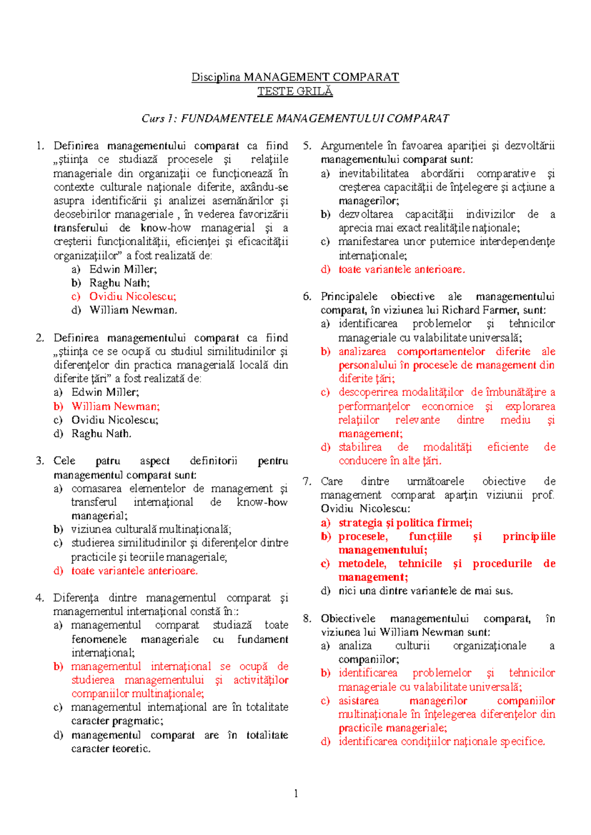 Teste Grilă pentru Disciplina MANAGEMENT COMPARAT - Curs 1 - Studocu