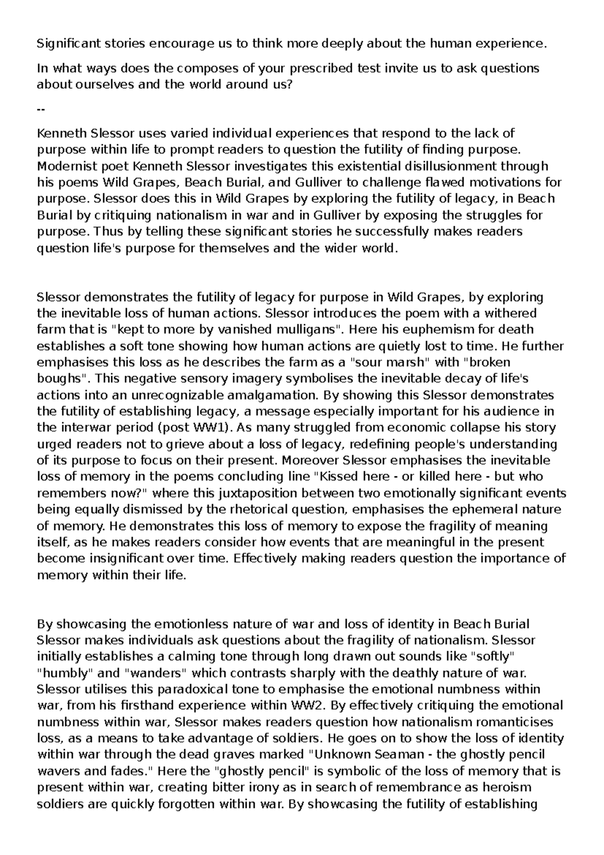 Common Mod Exemplar Essay - Kenneth Slessor: Exploring Purpose and ...