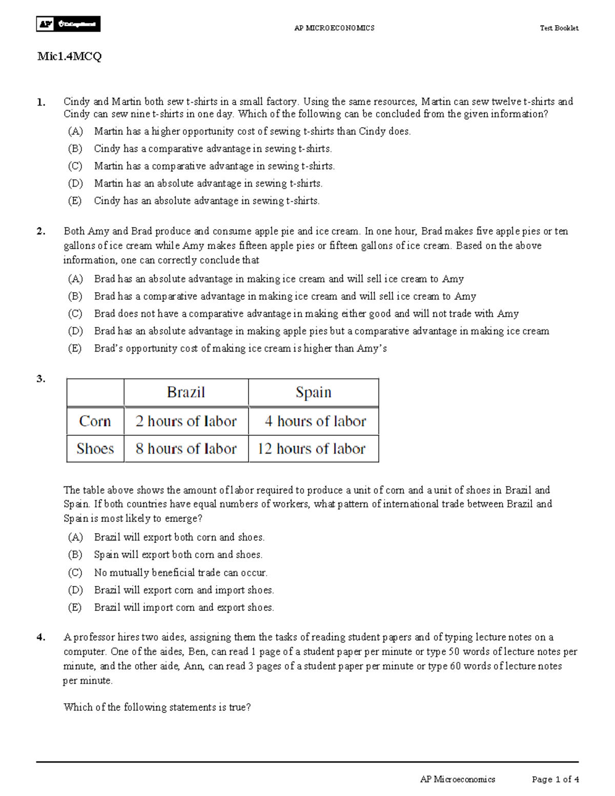 AP MICROECONOMICS Test Booklet Mic1.4MCQ: Comparative Advantage & Trade ...
