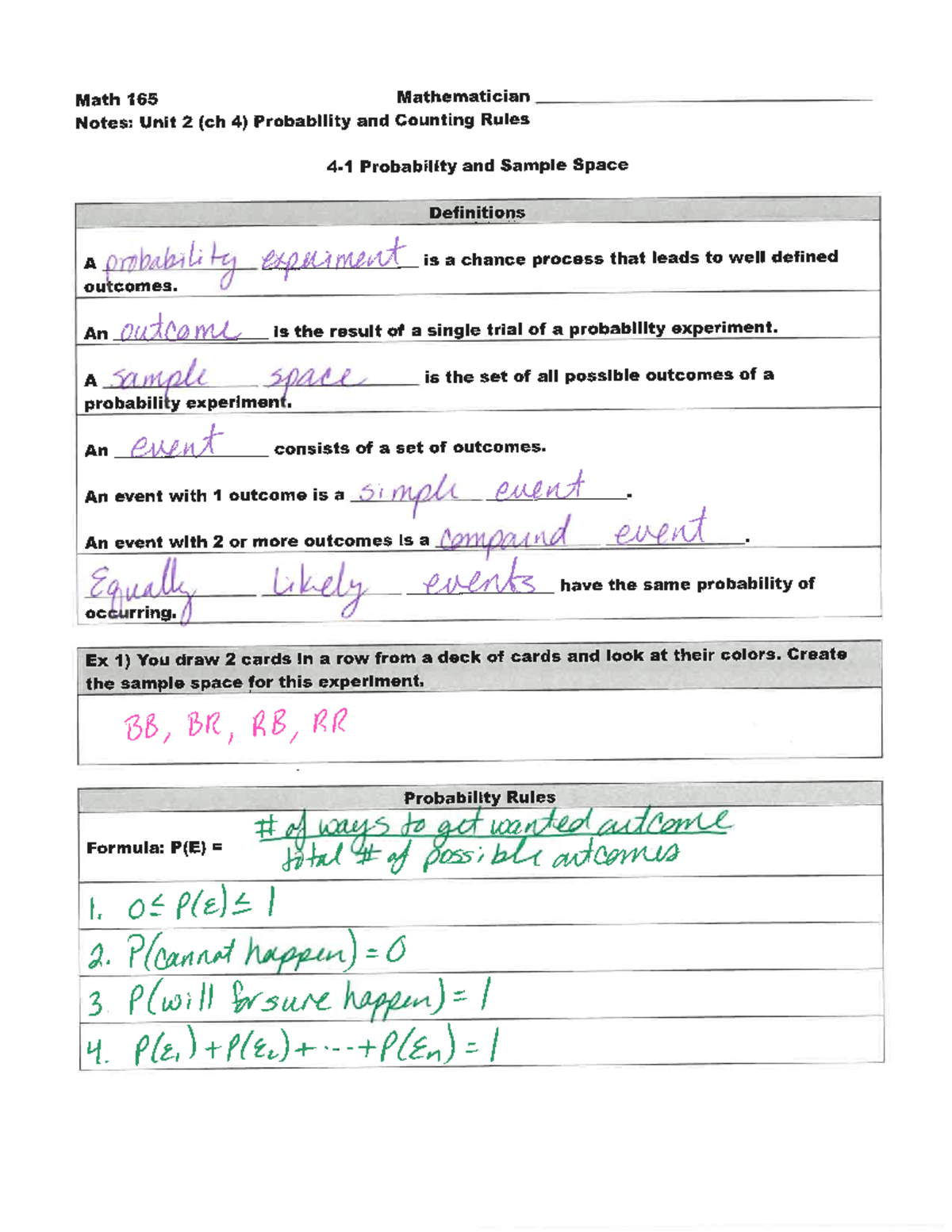 Math 165 Unit 2 Notes: Probability, Counting Rules & Definitions - Studocu