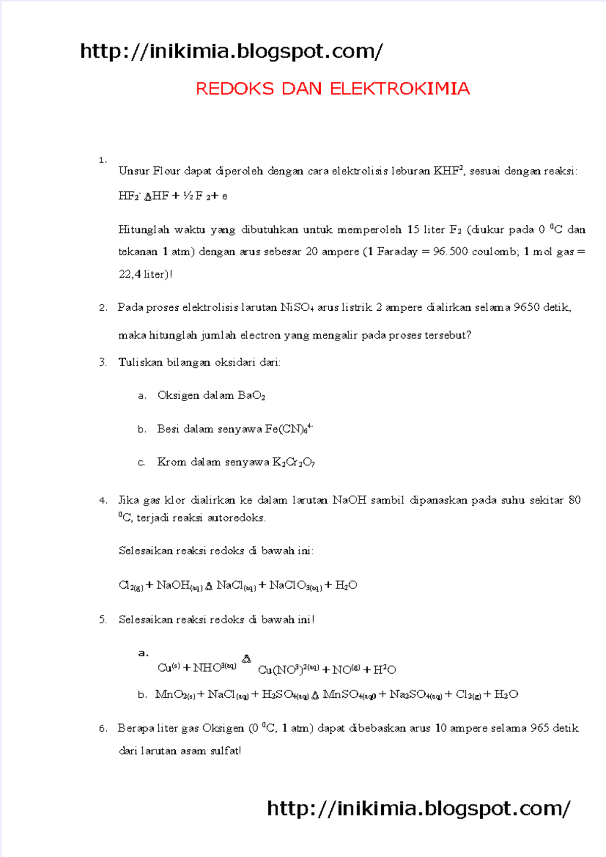 Soal REDOKS dan Elektrokinetika KIMIA 1: Latihan dan Perhitungan - Studocu