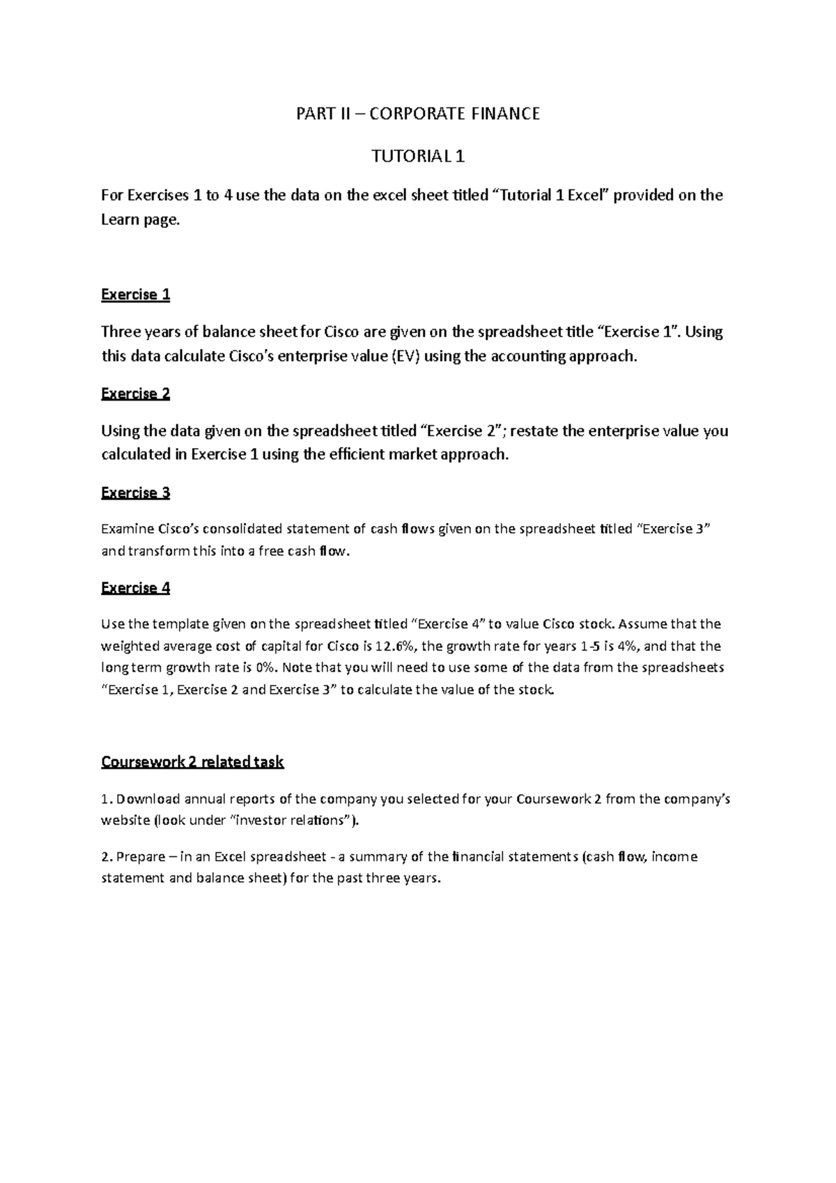 Part 2 - Tutorial 1 - Exercises - PART II – CORPORATE FINANCE TUTORIAL ...