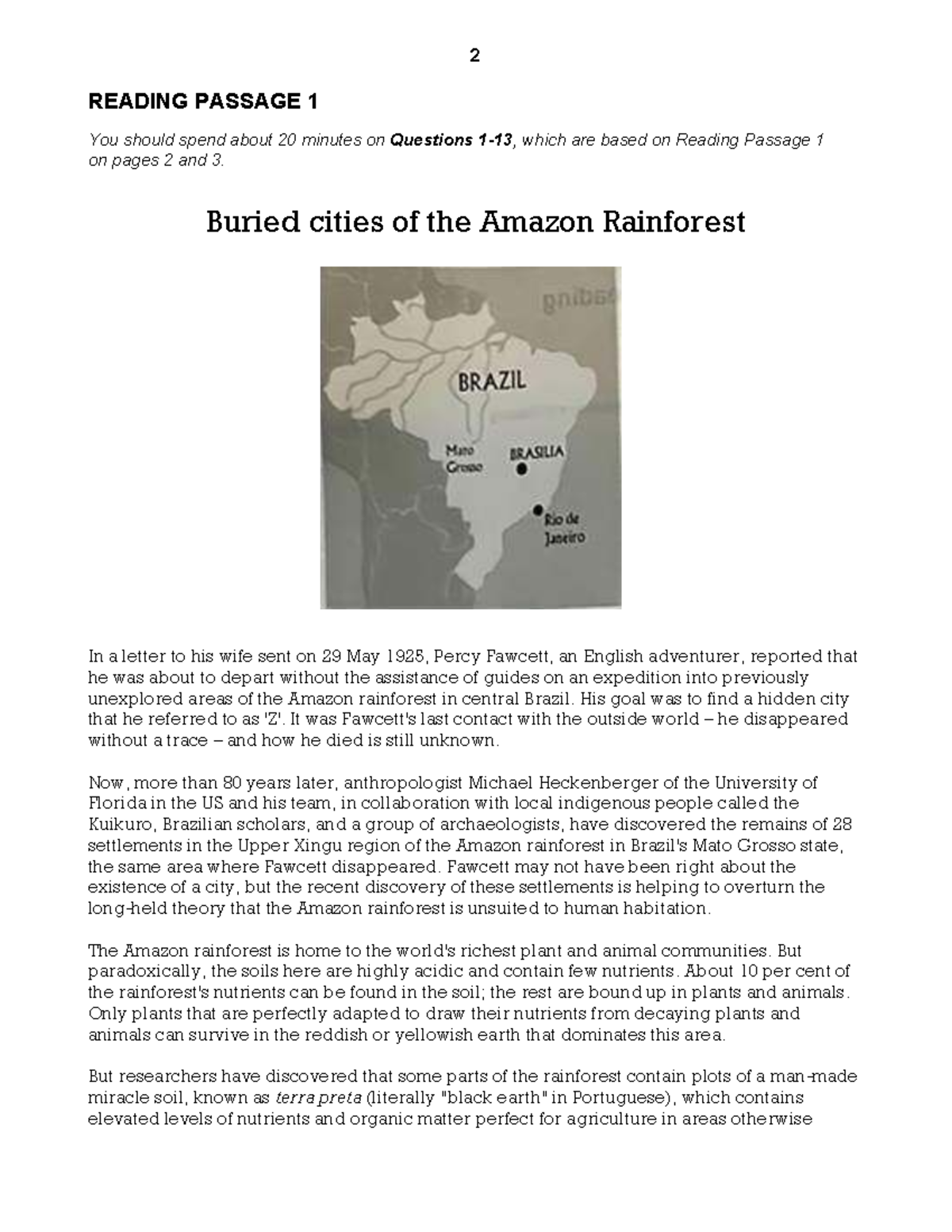 Reading Passage 1: Buried Cities of the Amazon Rainforest - Insights ...