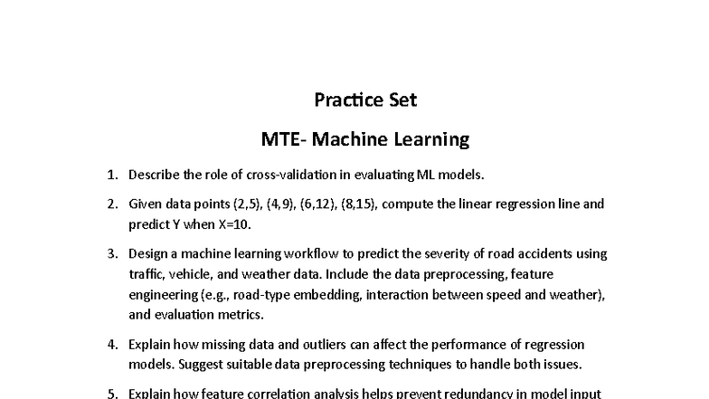 Practice Set MTE: Evaluating ML Models and Regression Techniques - Studocu