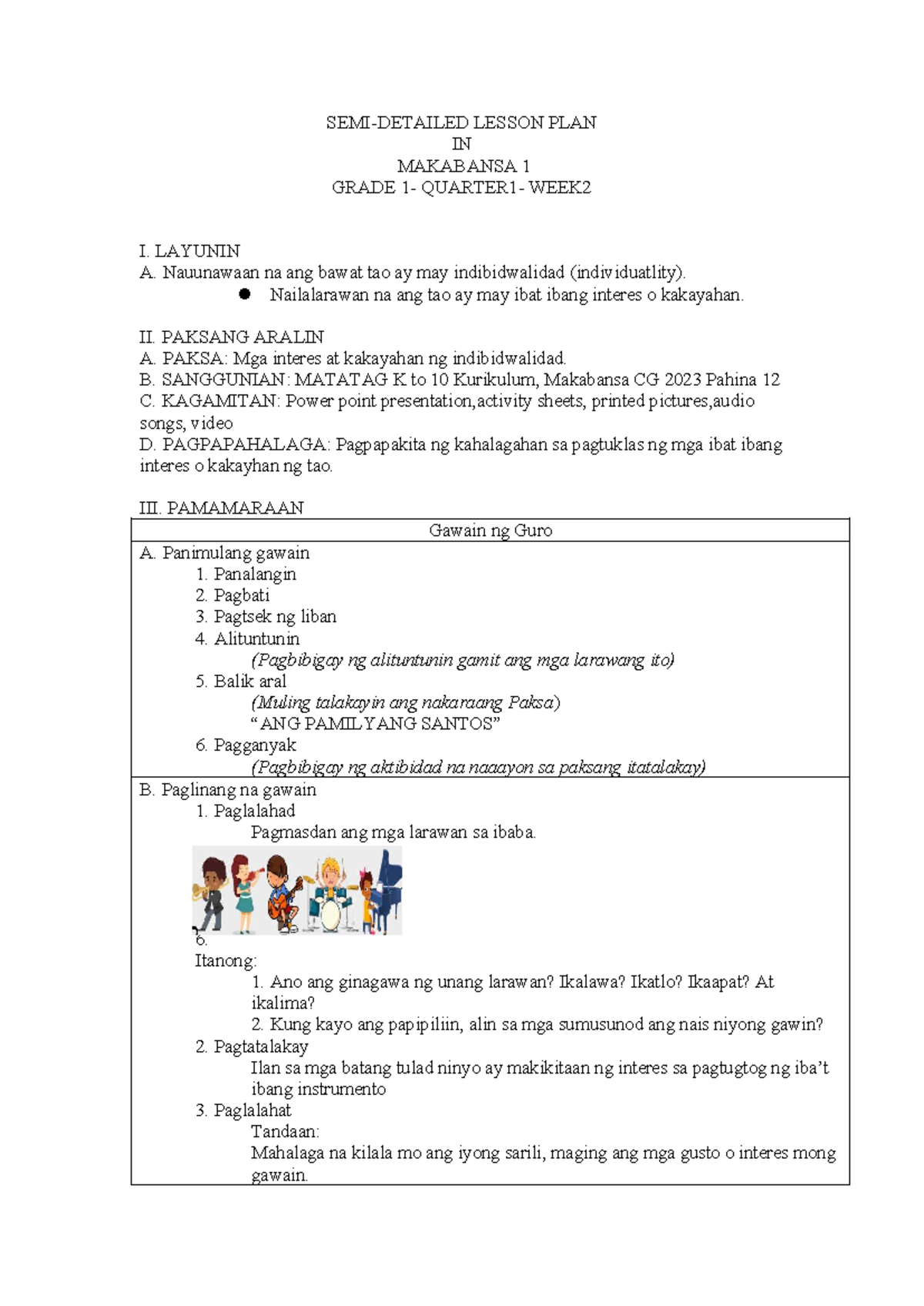 SEMI-DETAILED LESSON PLAN IN MAKABANSA 1 GRADE WEEK 2 - Studocu