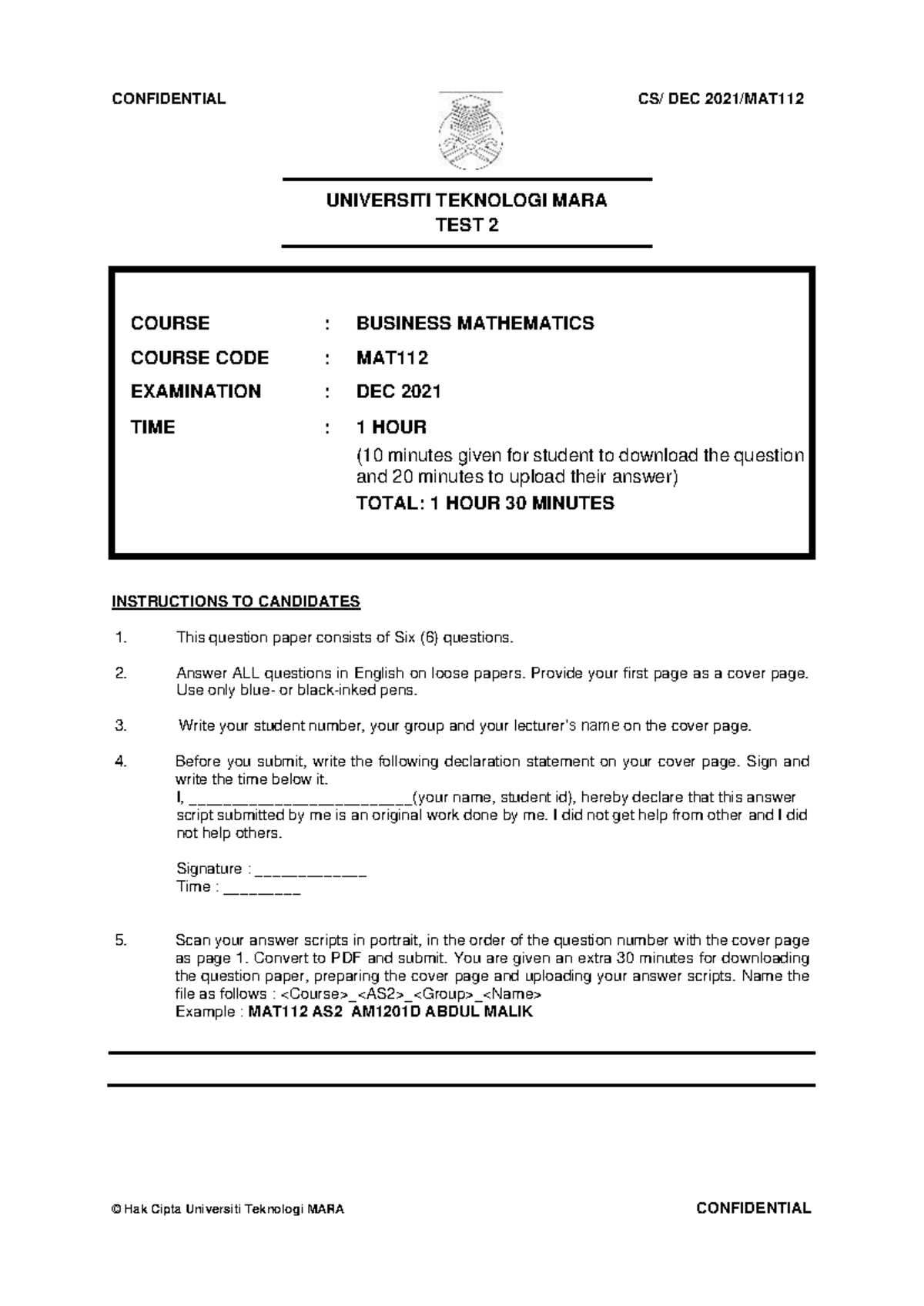EXAMPLE TEST MAT112 2021/2022 FOR YOU - CONFIDENTIAL 1 CS/ DEC 202 1 ...