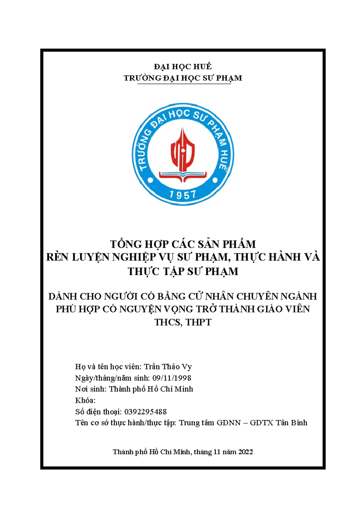 Tổng hợp sản phẩm thực tập NVSP - Trần Thảo Vy, tháng 11/2022 - Studocu