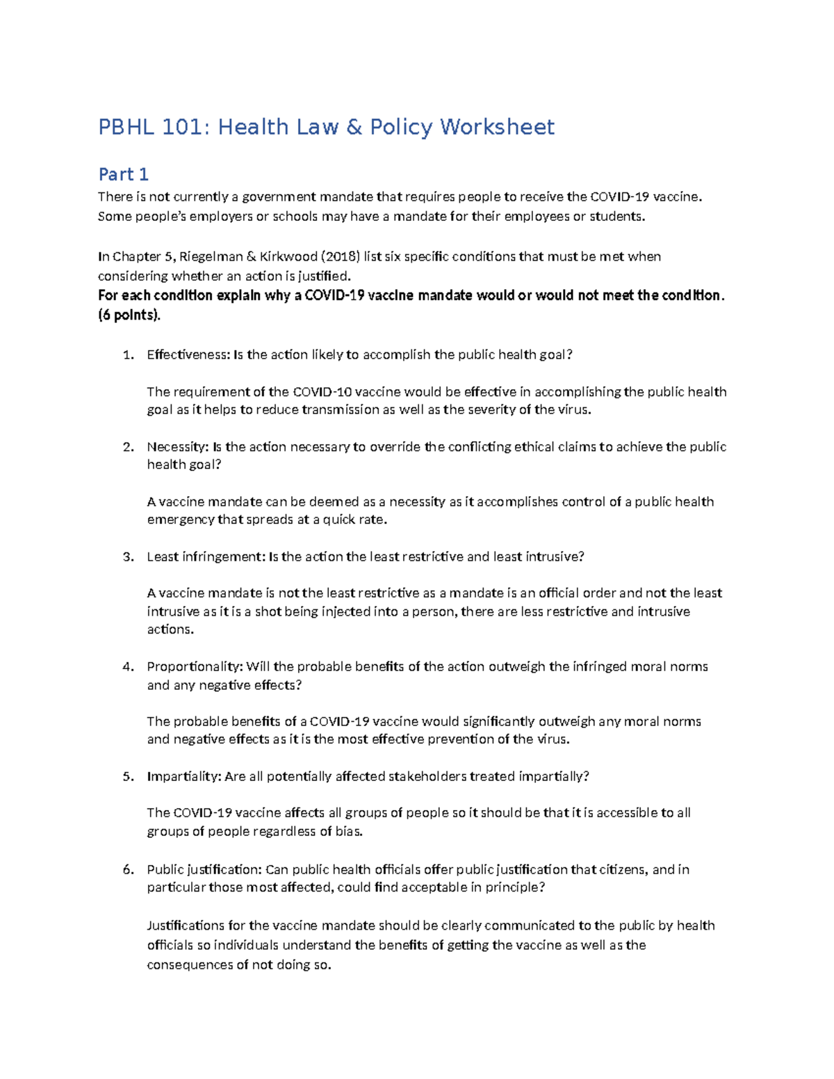 PBHL 101: Health Law & Policy Worksheet on COVID-19 Vaccine Mandates ...