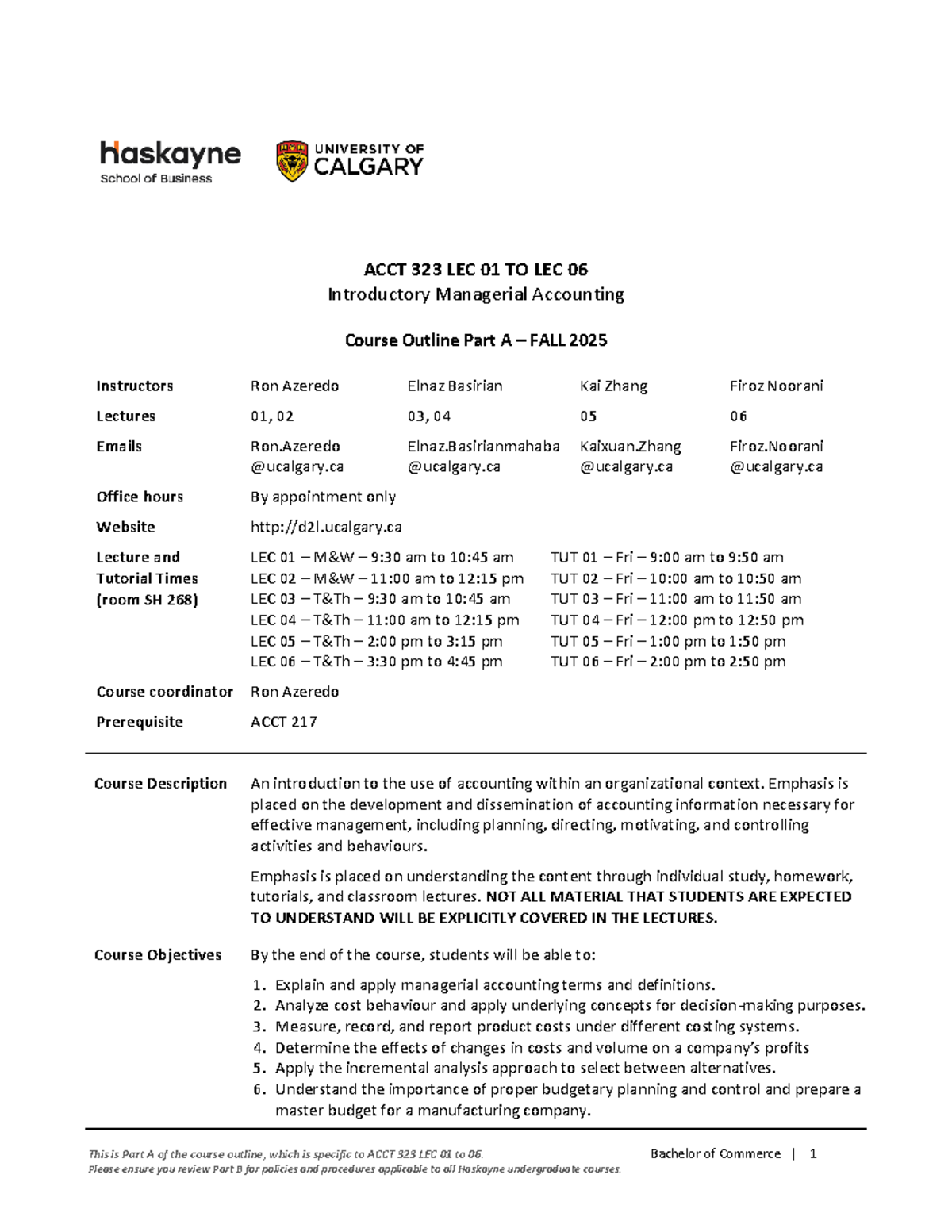 FALL 2025 ACCT 323 LEC 01-06 Managerial Accounting Course Outline Part ...