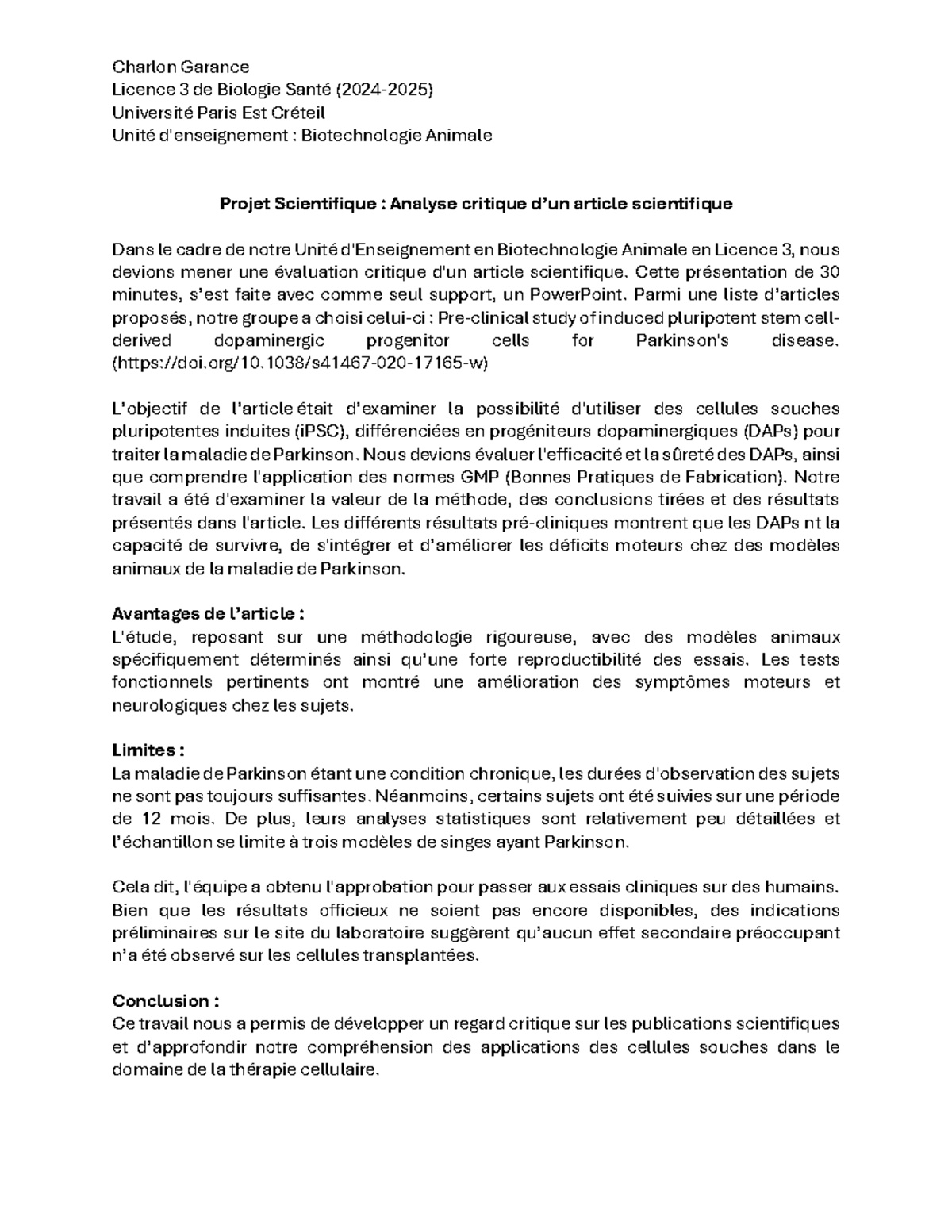 Projet Scientifique - Charlon Garance Licence 3 de Biologie Santé (2024 ...