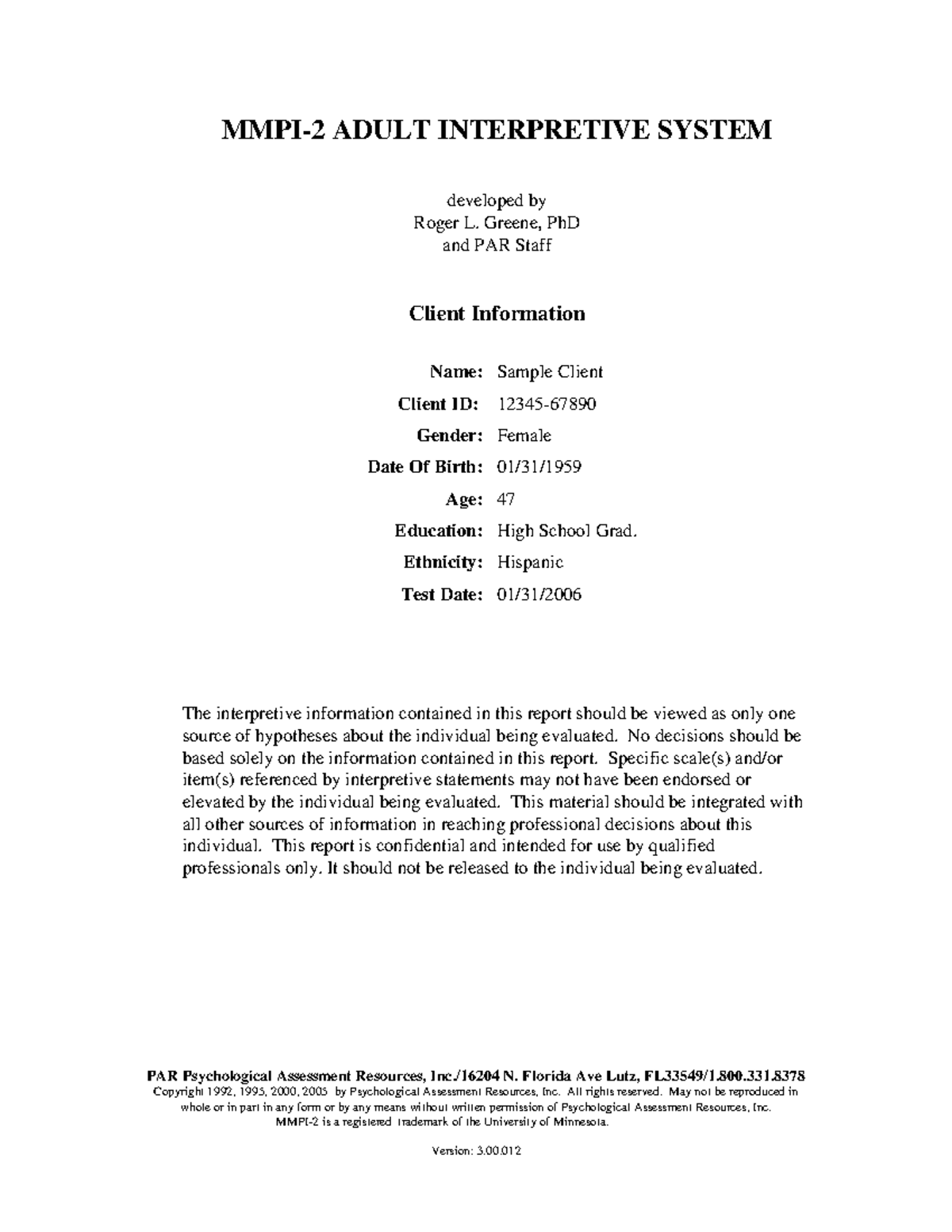 Mmpi 2 adult interpretive sample - MMPI-2 ADULT INTERPRETIVE SYSTEM ...