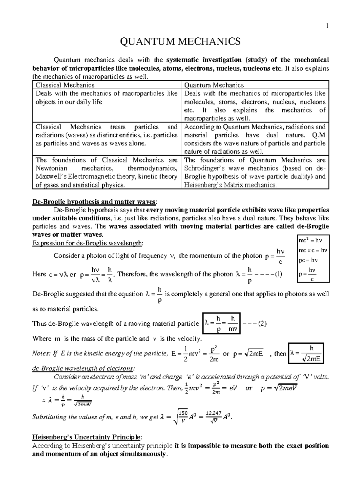 Quantum Mechanics Overview - PH 1 Final Exam Notes - Studocu