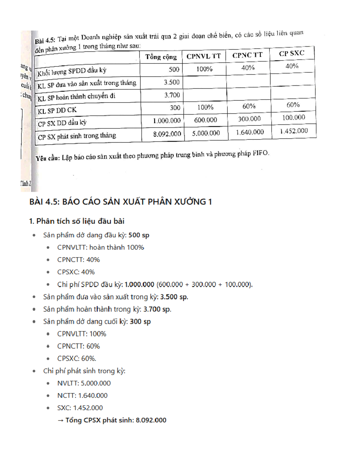BÀI 4.5: BÁO CÁO SẢN XUẤT PHÂN XƯỞNG 1 THEO PHƯƠNG PHÁP FIFO - Studocu