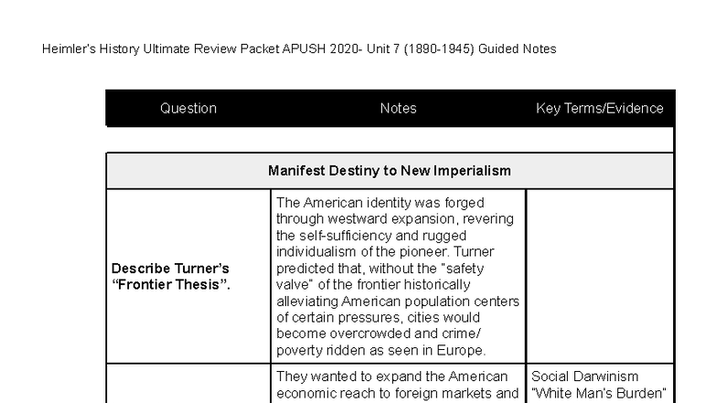APUSH Unit 7 Ultimate Review Packet: Guided Notes on Manifest Destiny ...