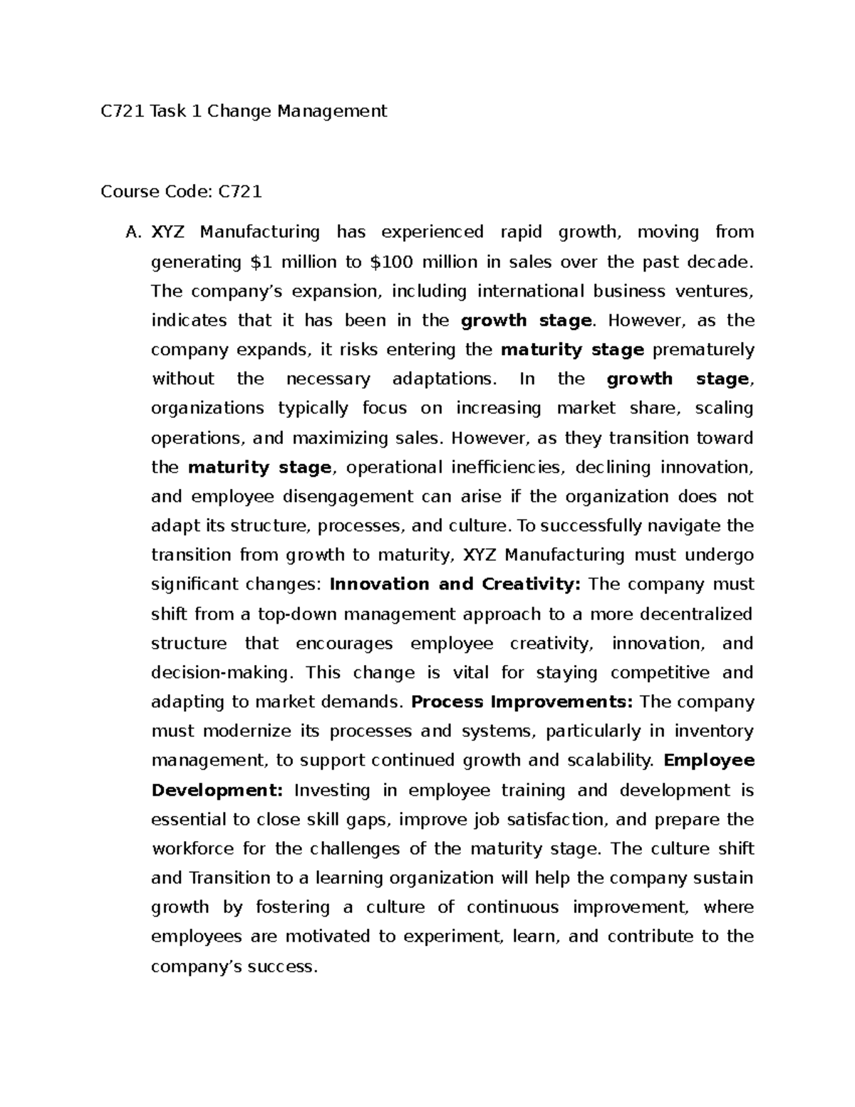 C721 Task 1 Change Management Michael Chu - C721 Task 1 Change ...