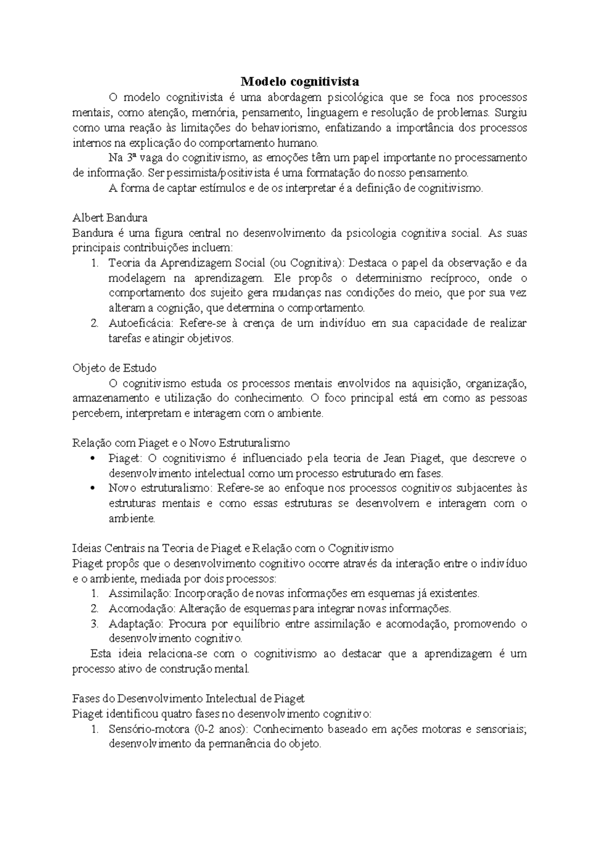 Resumo do Modelo Cognitivista e suas Fundamentos Psicológicos - Studocu