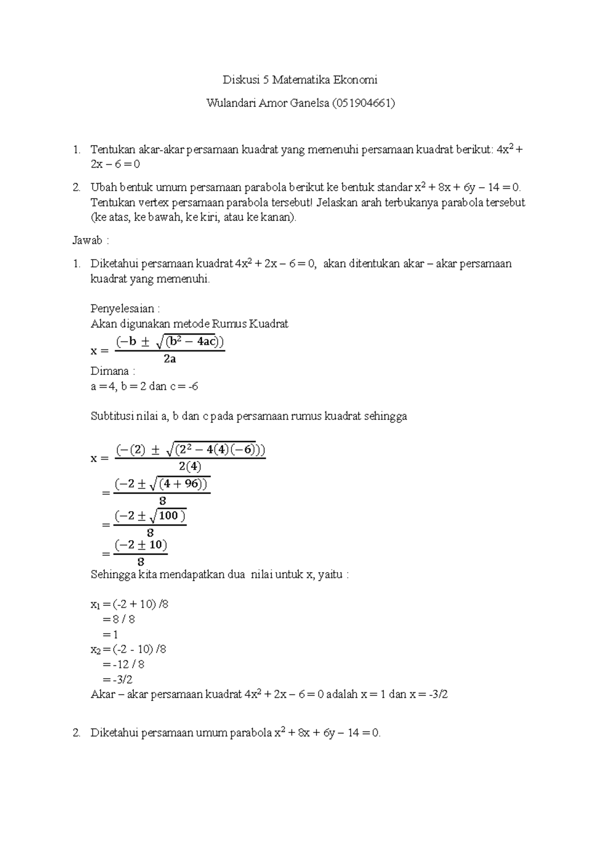 Diskusi 5: Persamaan Kuadrat & Parabola - Matematika Ekonomi (051904661 ...