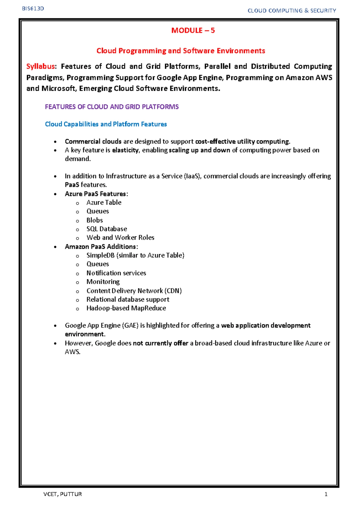 Cloud Computing and Security Overview: Module 1 Notes (BIS613D) - Studocu