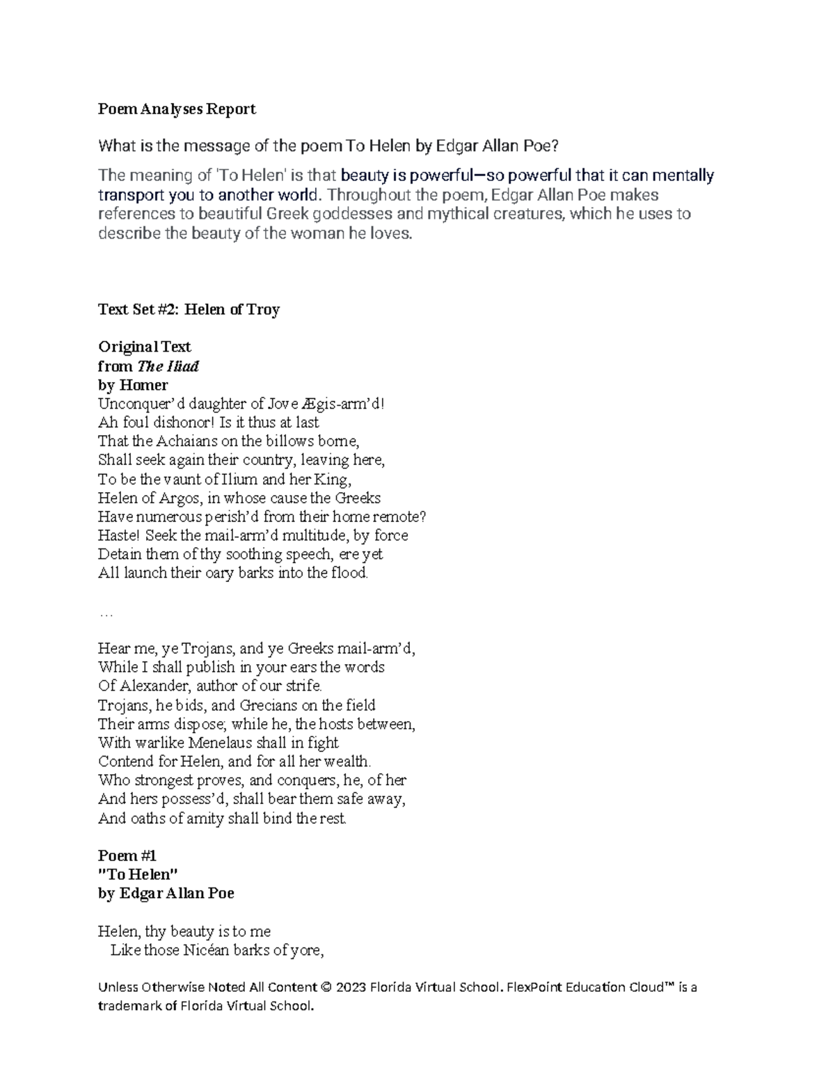 Helen of Troy: Poem Analyses and Academic Writing Lab Drills - Studocu